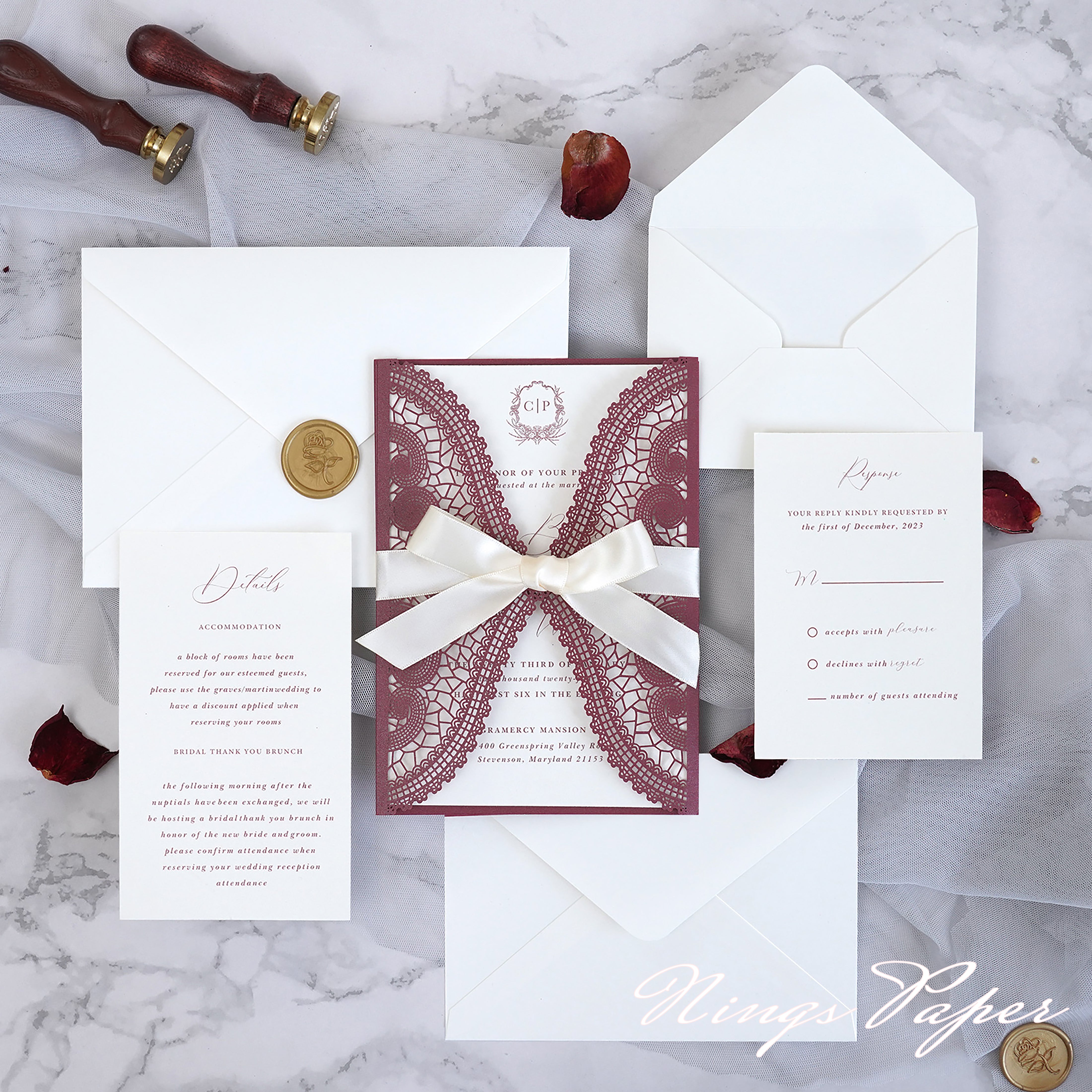 NingsPaper Burgundy Laser Cut Invitation Cards with Ivory Belly Band a