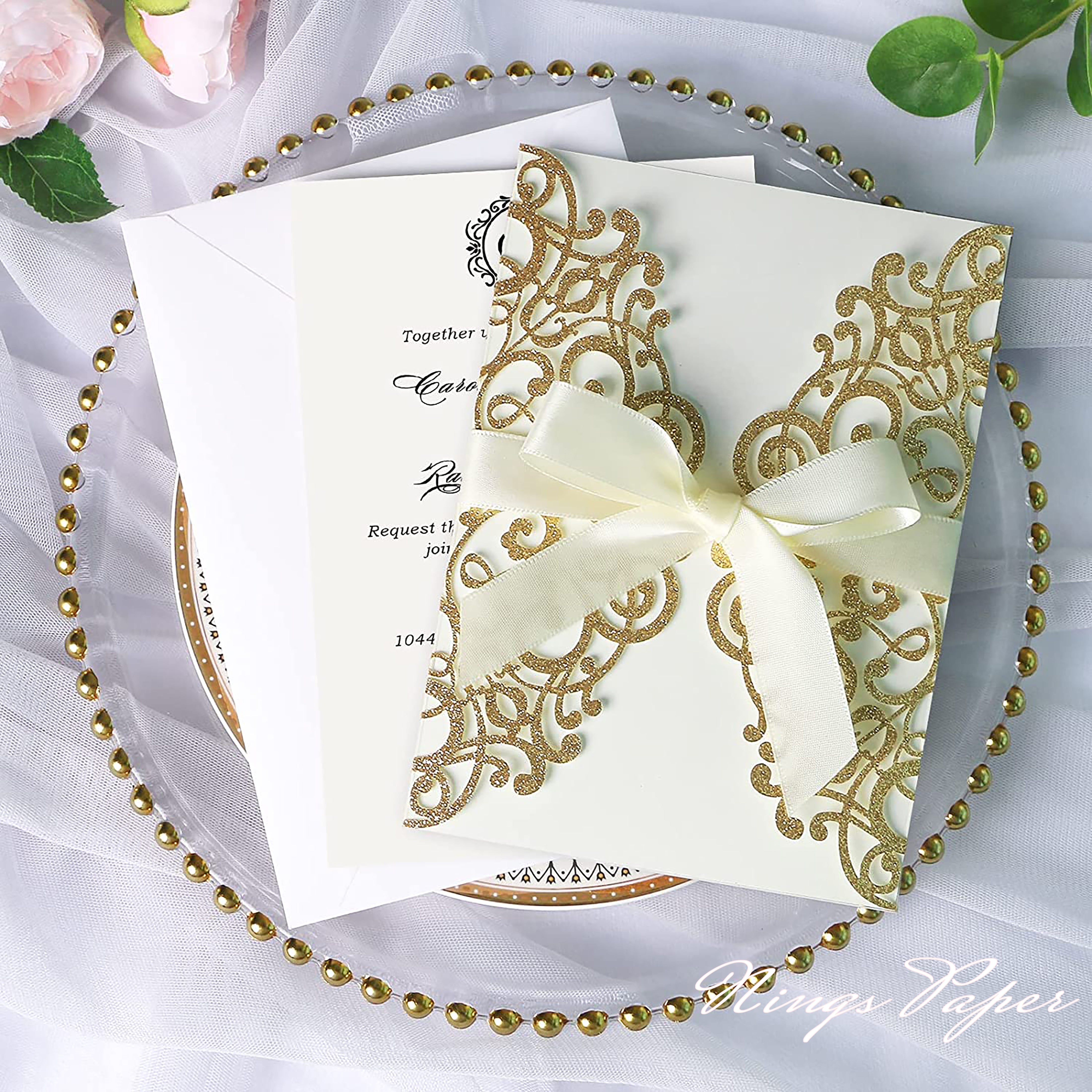 Gold Glitter Laser Cut Wedding Invitations Cards with Ivory Bow-knot ...