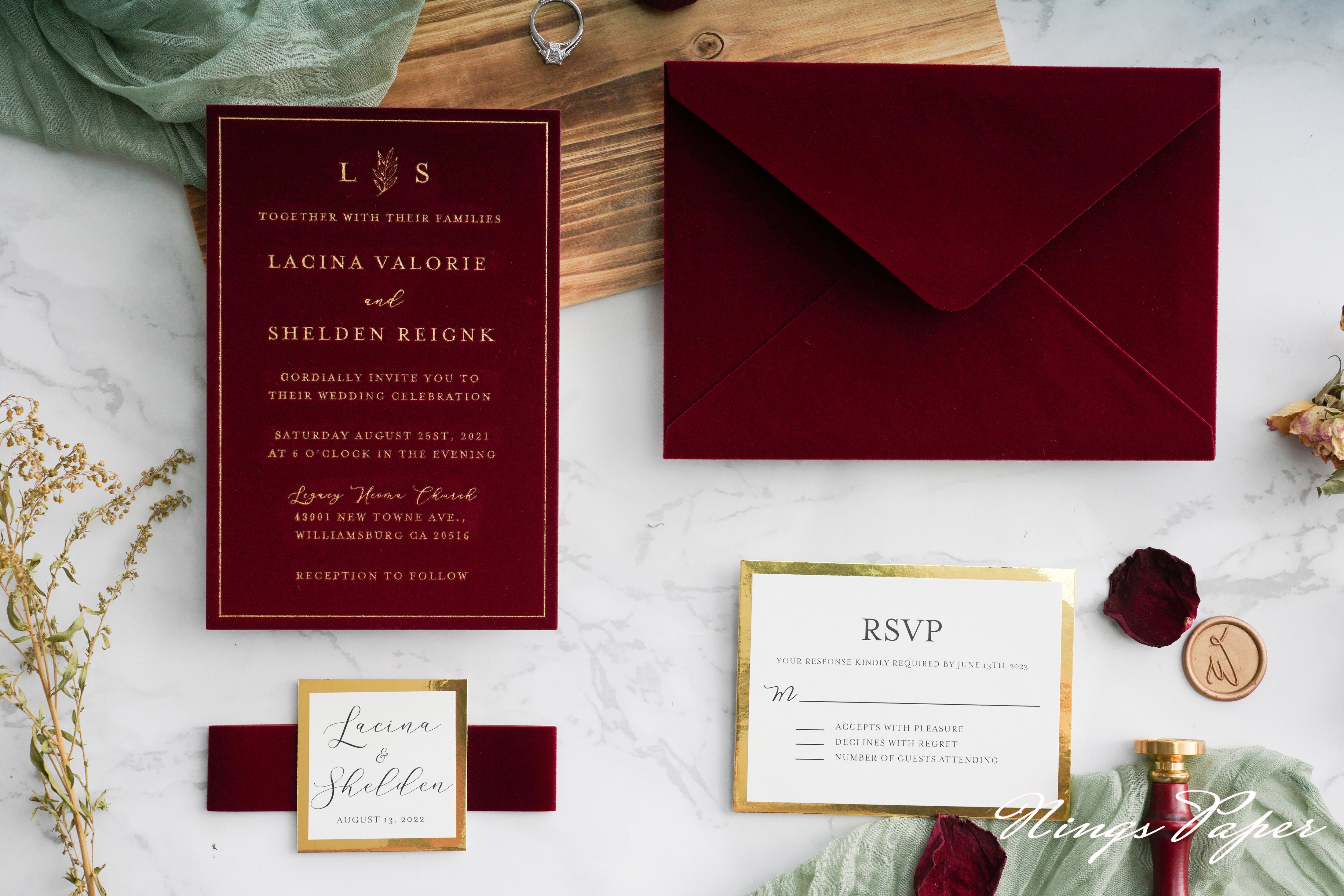 NingsPaper Burgundy Gold Foil Print Velvet Wedding Invitation Cards wi