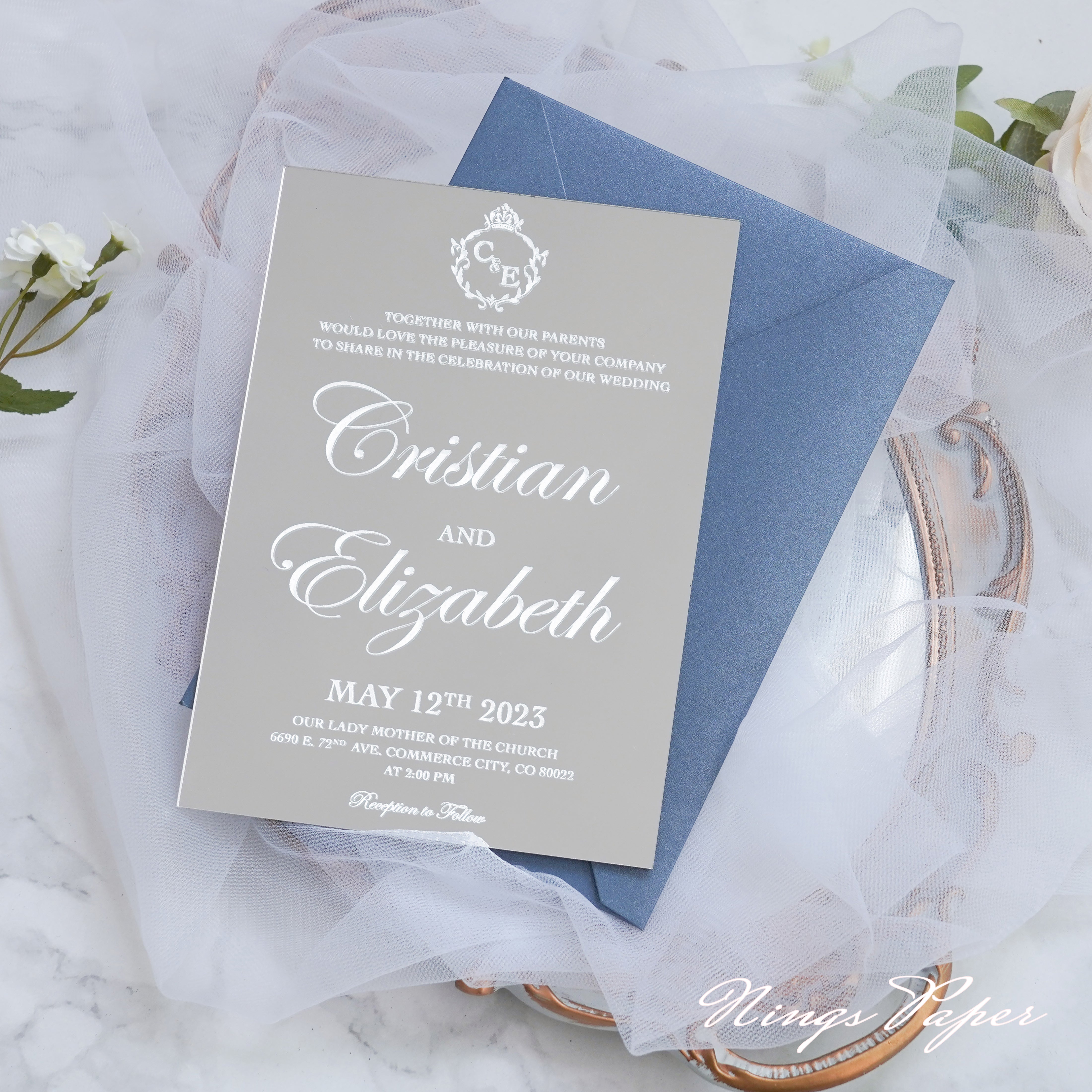 NingsPaper Silver Mirror Wedding Invitation Cards with Envelope-2mm/0.