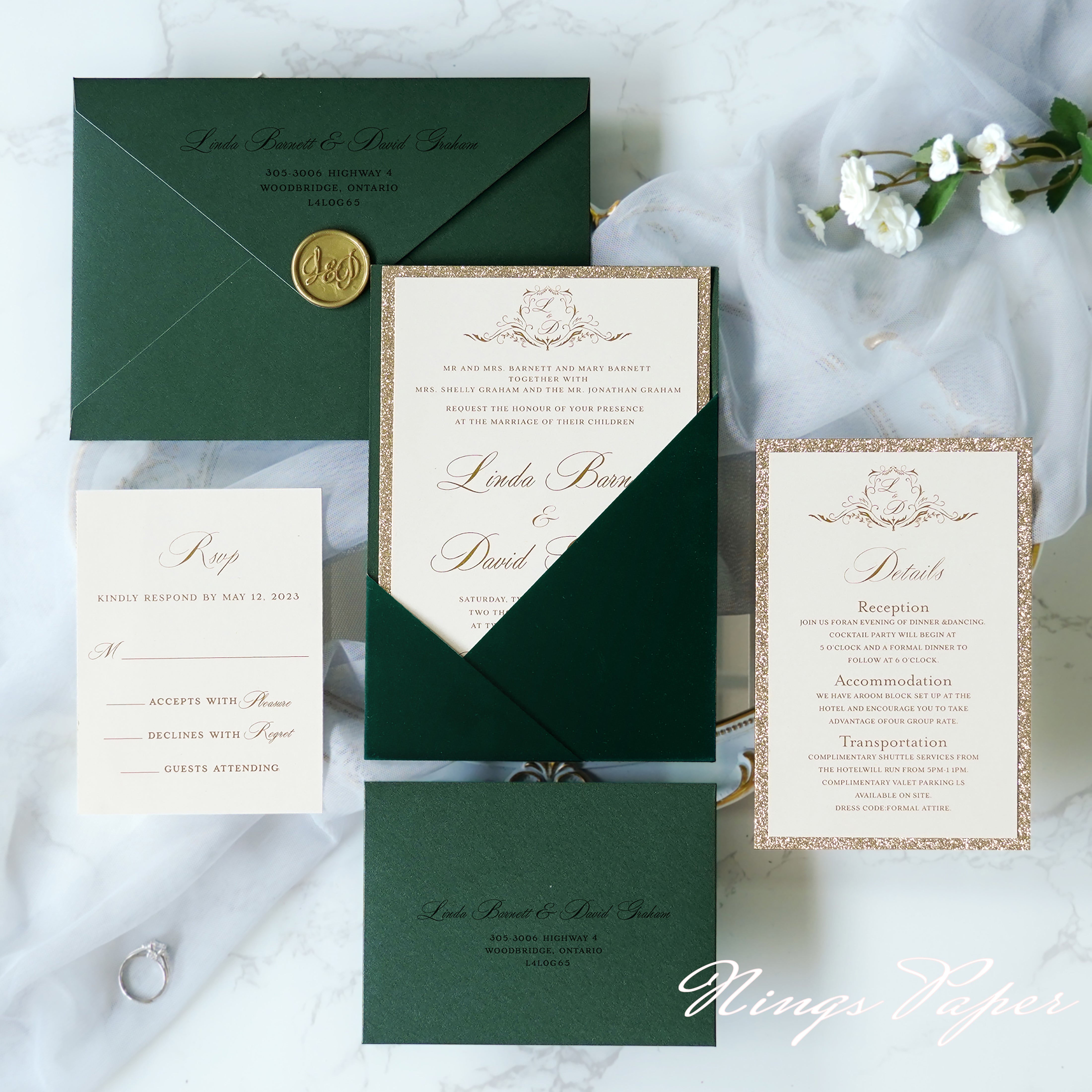 NingsPaper Emerald Velvet Panel Pocket Wedding Invitation Cards with E
